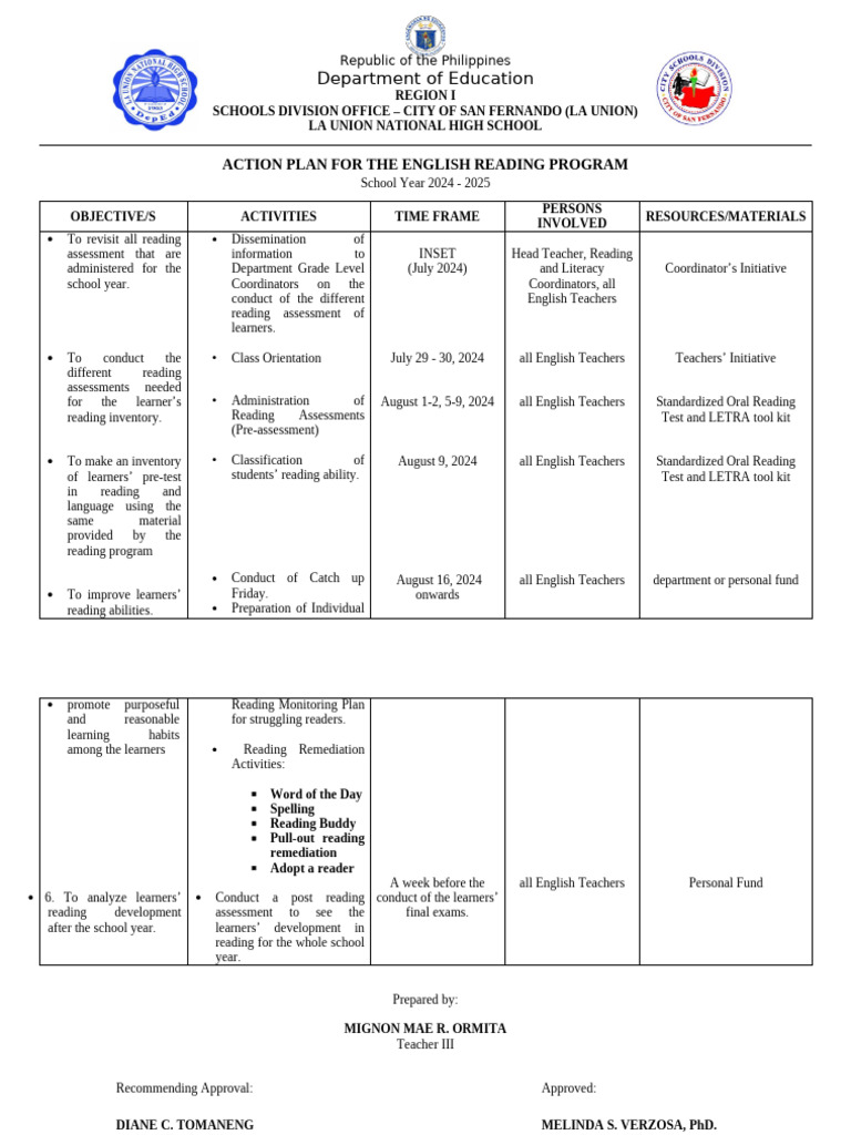Reading ACTION PLAN 2024 2025 | PDF