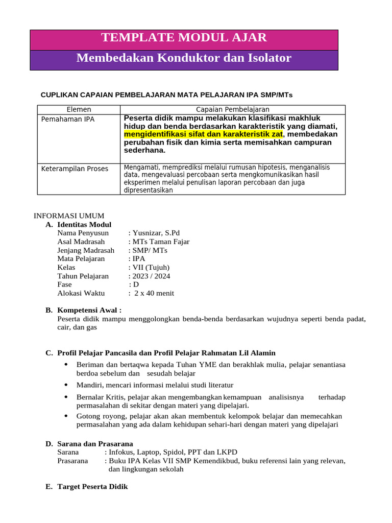 Template Modul Ajar - Zat Dan Perubahannya | PDF