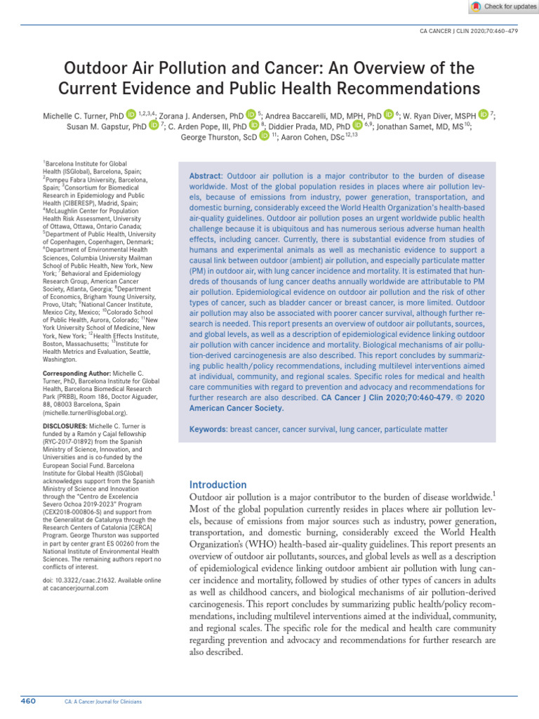 Outdoor Air Pollution and Cancer: An Overview of The Current Evidence ...