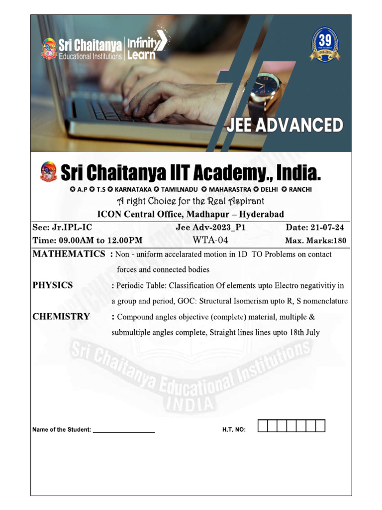 JR - IPL-IC - Jee Adv (2023-P1) - WTA-04 - Q.Paper | PDF