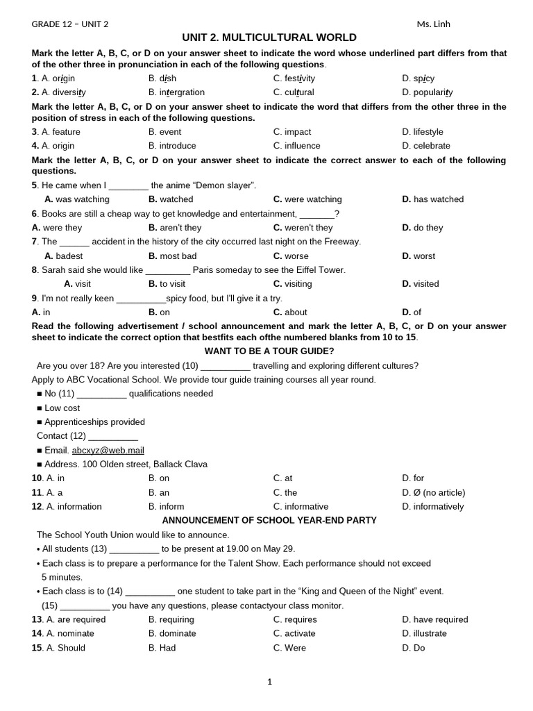 Global Success 12 UNIT 2 A MULTICULTURAL WORLD | PDF