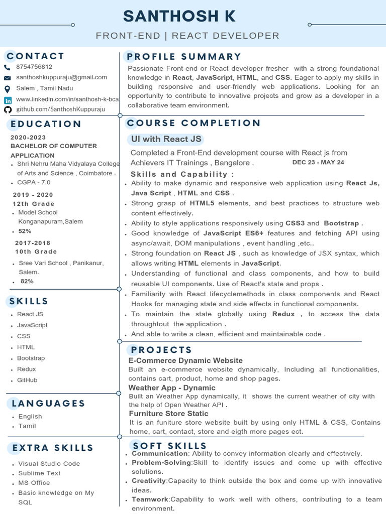 Santhosh K Resume | PDF | Java Script | World Wide Web