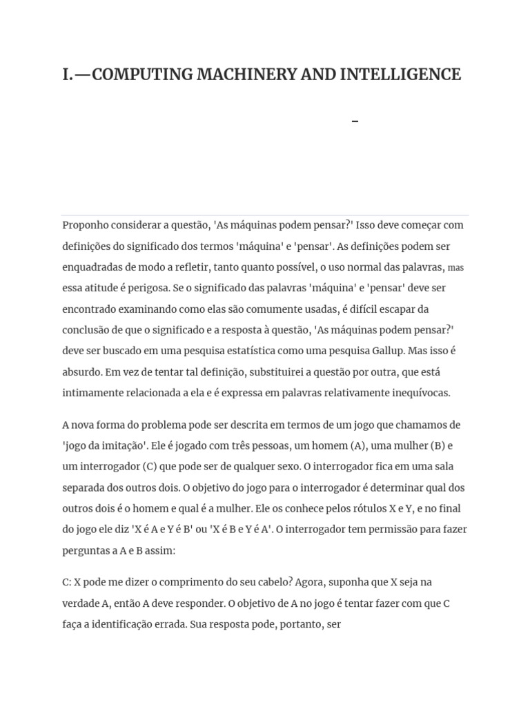 O Jogo da Imitação e Máquinas Pensantes | PDF | Armazenamento de dados ...