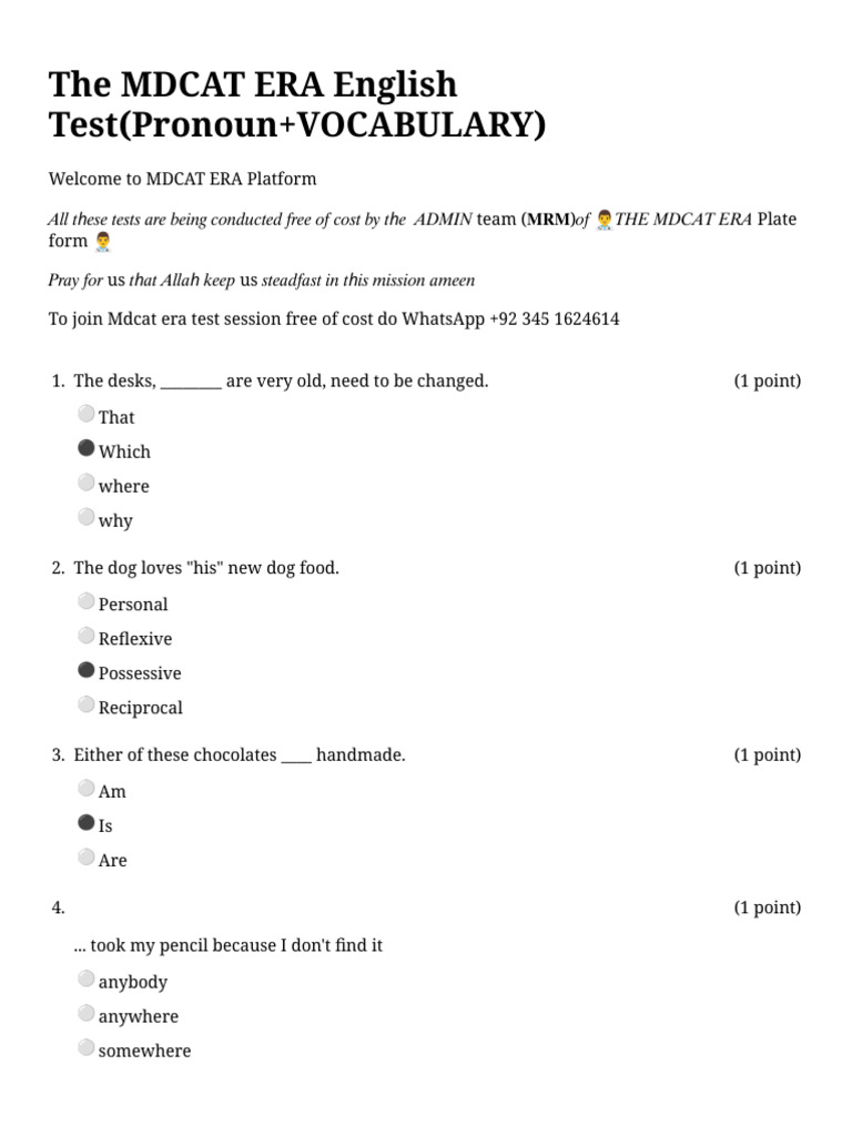 MDCAT Pronouns and Vocabulary MCQs | PDF | Pronoun | Grammatical Number