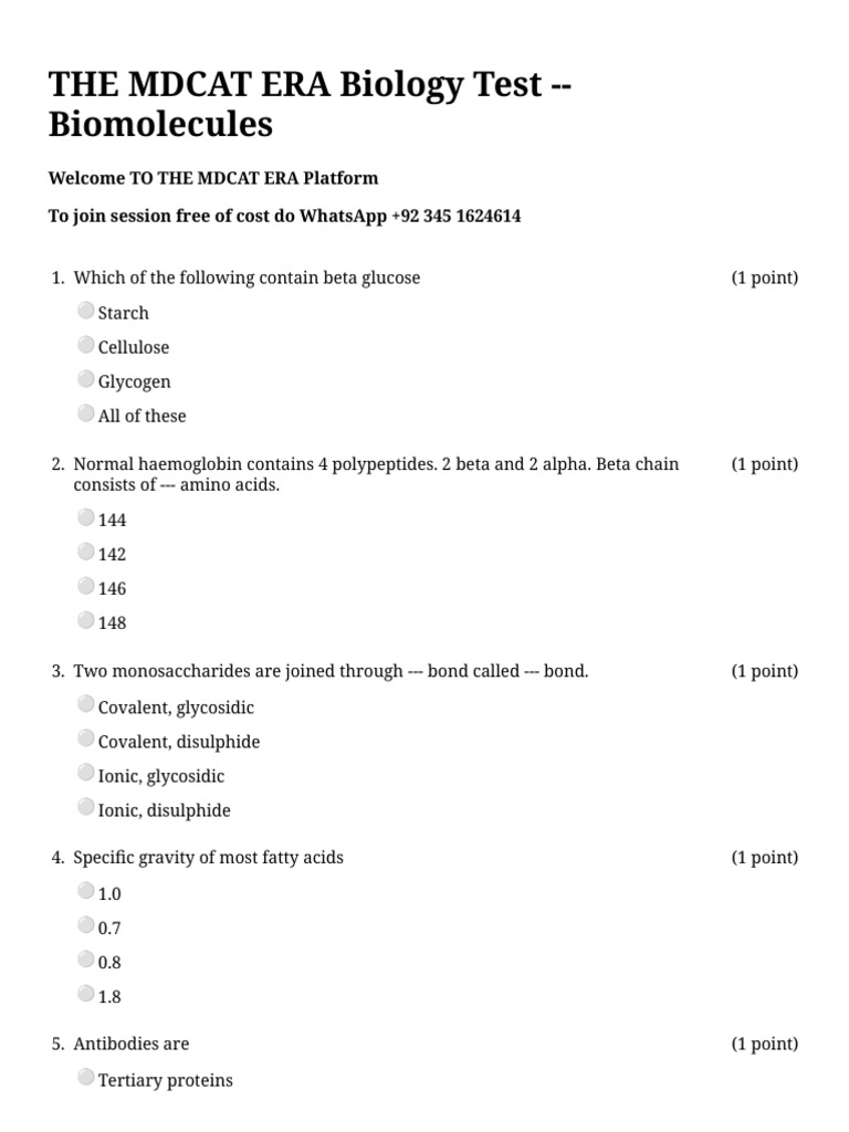 THE MDCAT ERA Biology Test -- Biomolecules | PDF