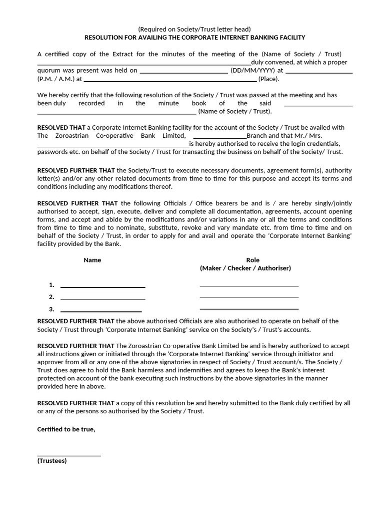 Resolution Reqd On Society-Trust Letter Head Format | PDF