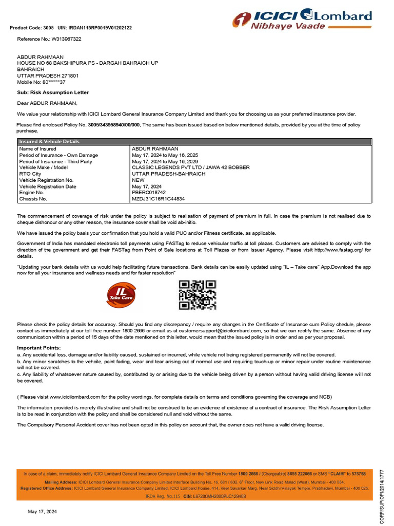 Sub: Risk Assumption Letter: Insured & Vehicle Details | PDF
