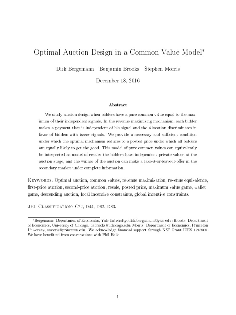 BBM - Optimal Auction Design in A Common Value Model | PDF