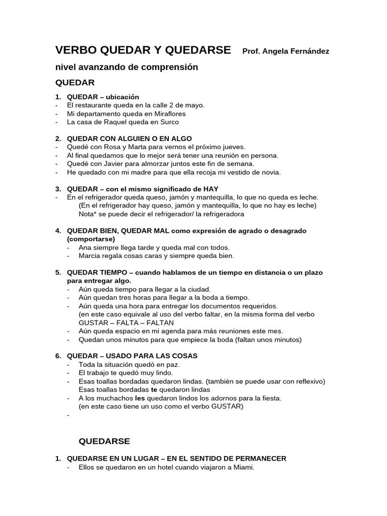 VERBO QUEDAR Y QUEDARSE | PDF