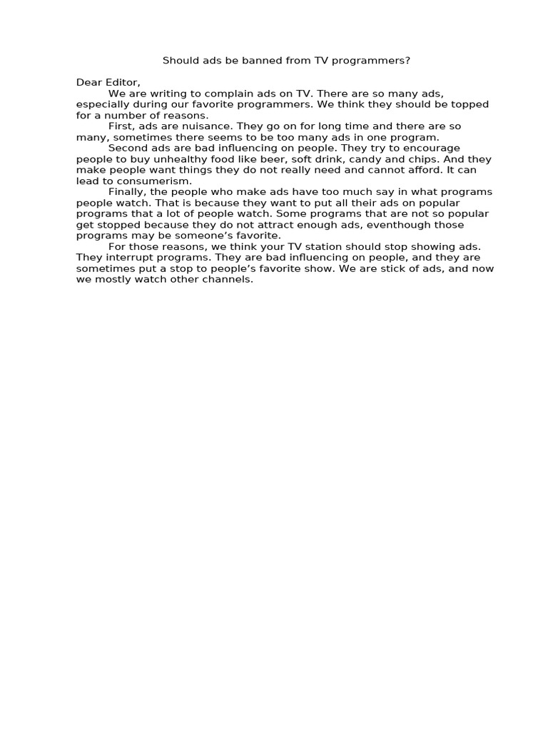 Should Ads Be Banned From TV Programmers | PDF