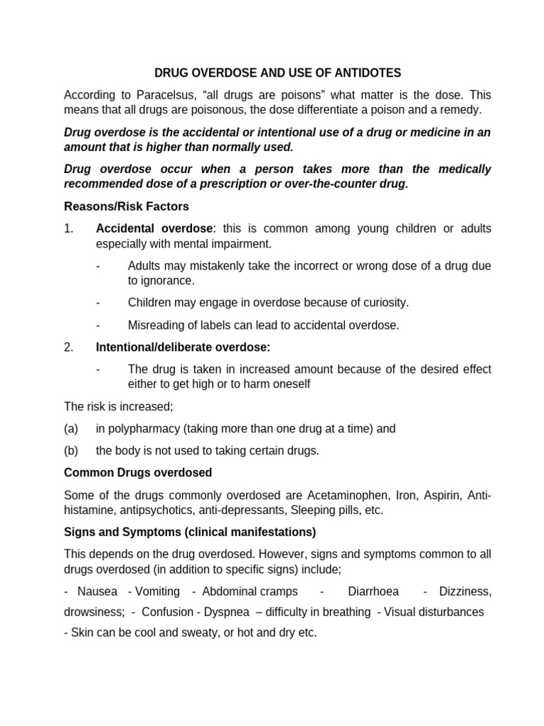 Drug Overdose and Use of Antidotes | PDF