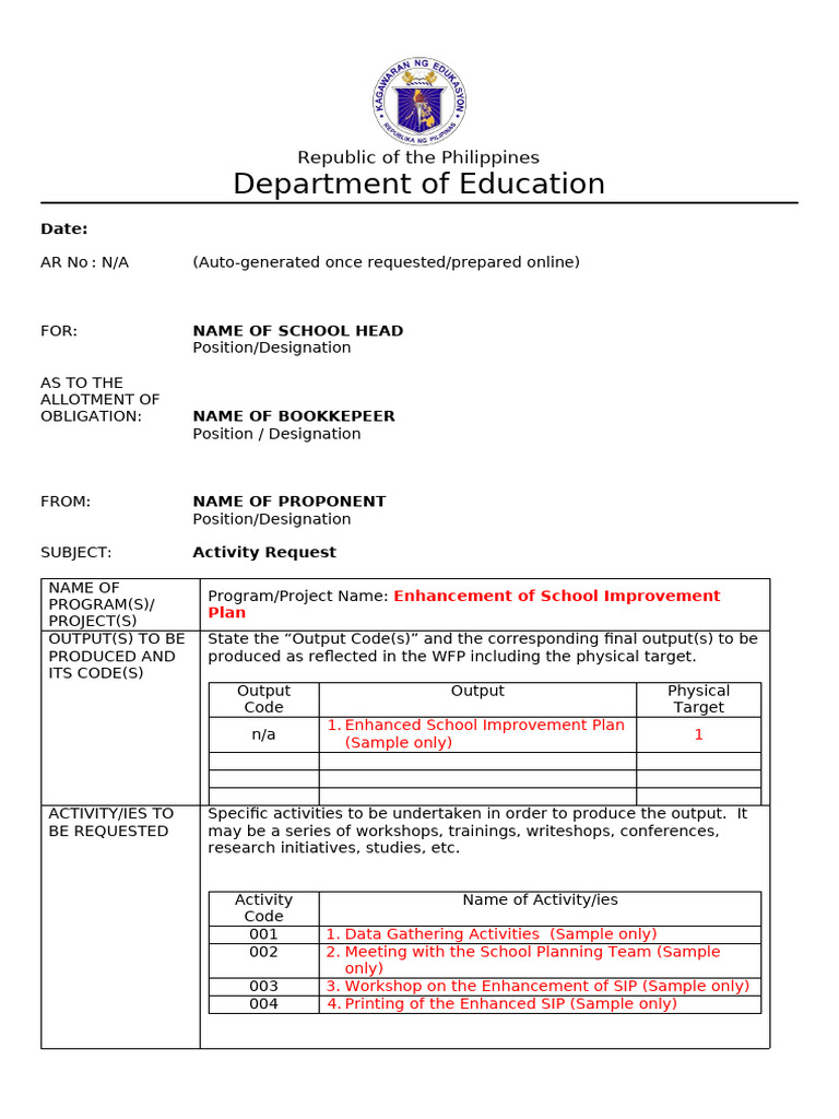 Activity Request Template For Implementing Units | PDF