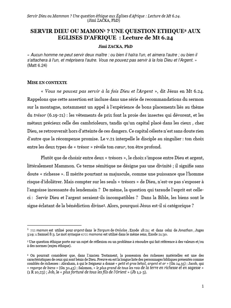 Servir Dieu Ou Mamon 1 Une Question Ethi | PDF