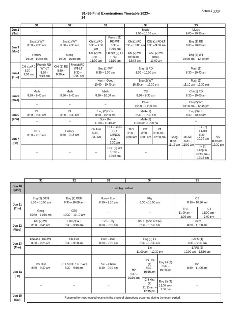 240507-1 Annex 1 Final Examin Timetable | PDF