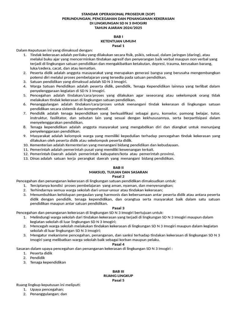 Sop Perundungan Pencegahan Dan Penanganan Kekerasan SD N 3 Imogiri | PDF