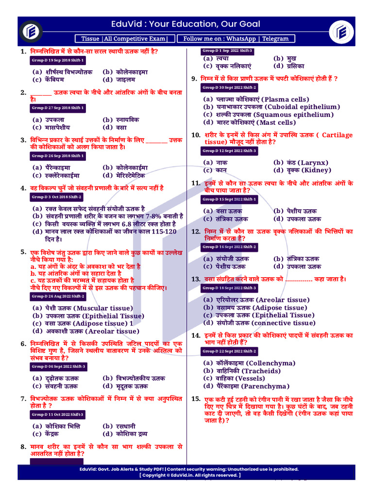 Tissue (150+ Ques.) Hindi | PDF | Plants | Botany