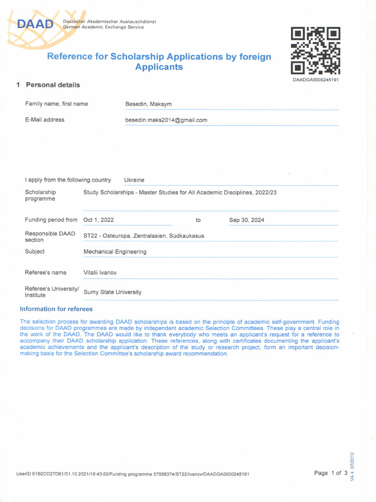 DAAD - Reference For Maksym Besedin Scan | PDF