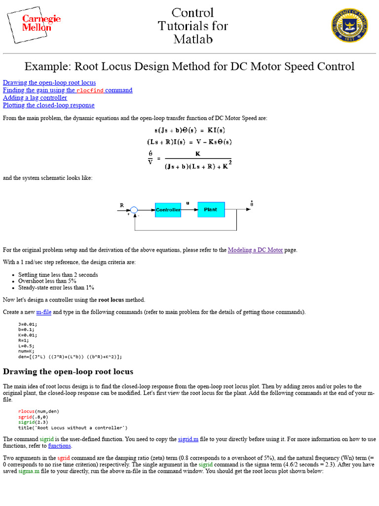 Experiment 10 - Root Locus Design Method For DC Motor Speed Control | PDF | Control Theory | Damping