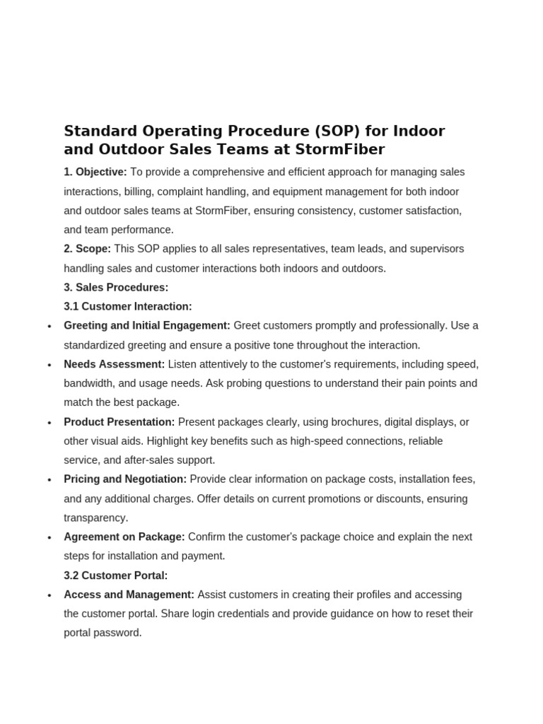 Standard Operating Procedure (Sop) For Indoor and Outdoor Sales Teams ...
