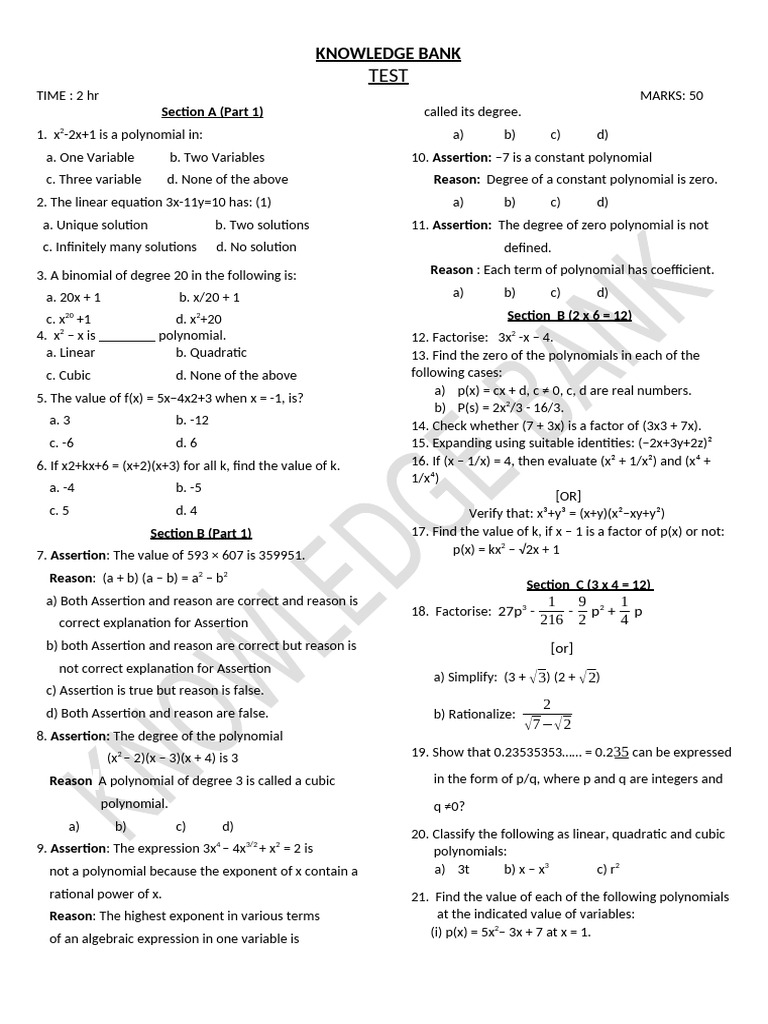 Polynomial 50 Marks Test Paper | PDF