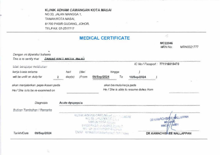 Medical Certificate: Klinik Adham Cawangan Kot A Masai | PDF