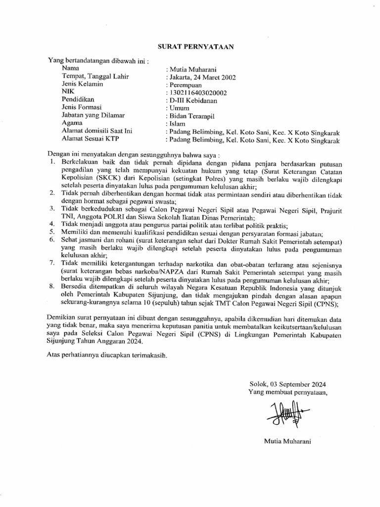 Surat Pernyataan Mutia 2 | PDF