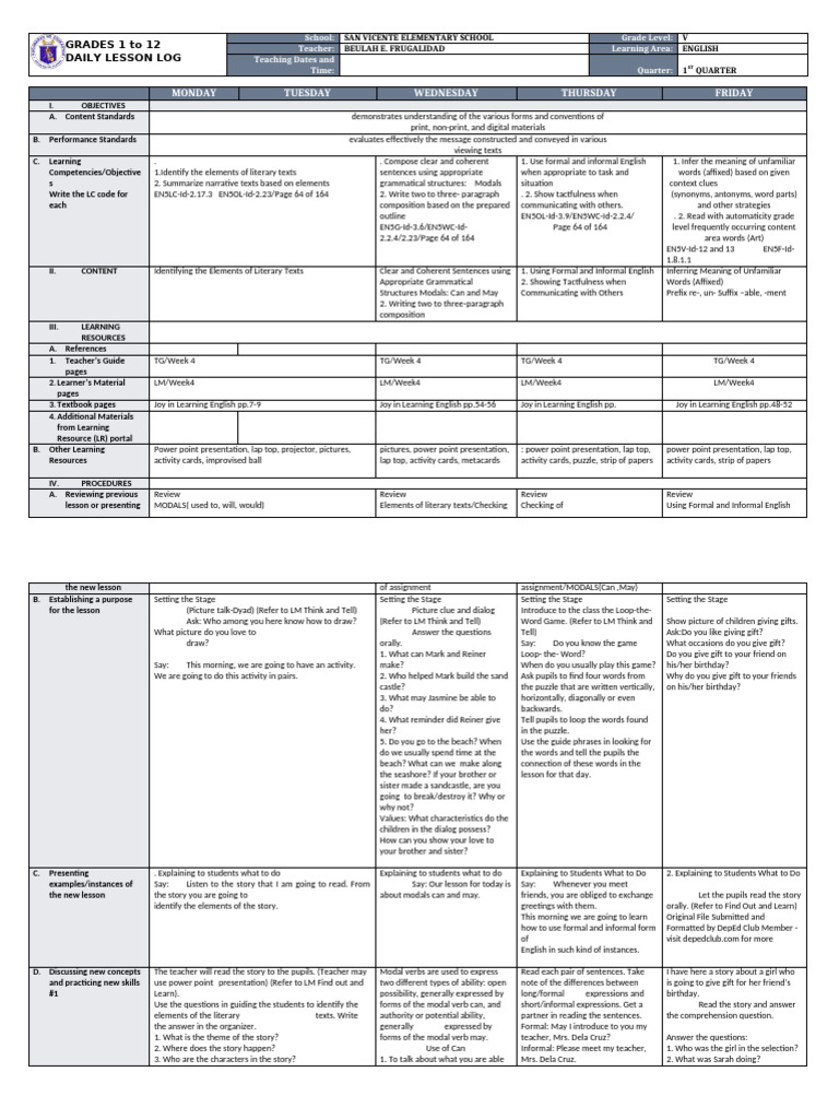 DLL - English 5 - Q1 - W4 | PDF