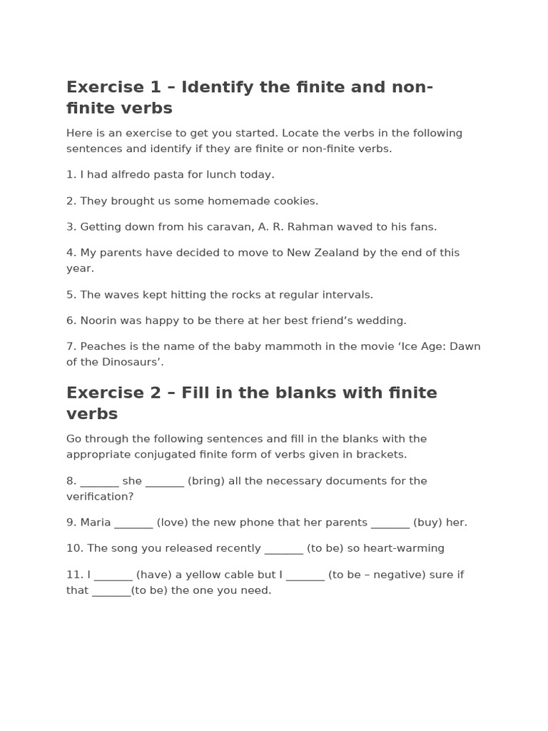 Exercise Finite and Non-Finite Verbs | PDF