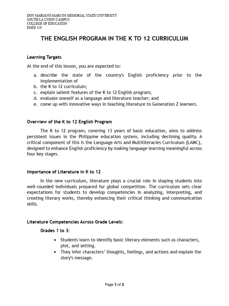 The English Program in The K To 12 Curriculum | PDF