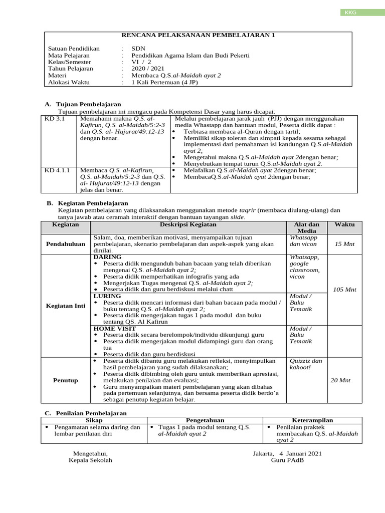 RPP Pa&bp Daring Kelas 6 | PDF