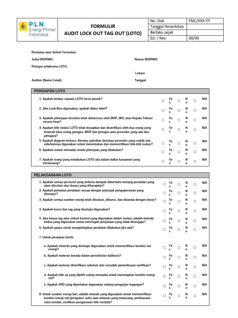 LOTO Audit Form Updated | PDF