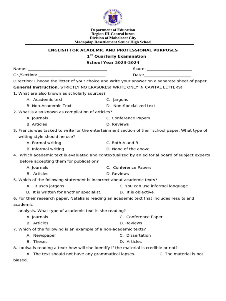 1st Quarter Periodic Test Eapp 2023 2024 | PDF | Science | Cognition
