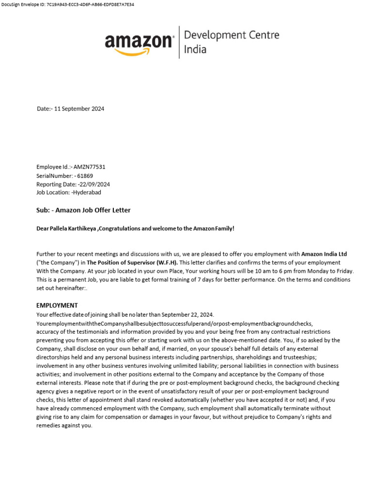 Amazon Job Offer Letter - September 2024 | PDF | Arbitration | Business
