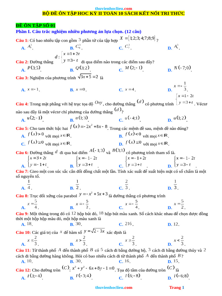 10 de On Tap HK2 Toan 10 KNTT Cau Truc Moi | PDF