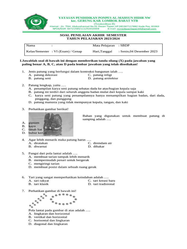 Soal PAS SBDP KELAS 6 23 | PDF | Art