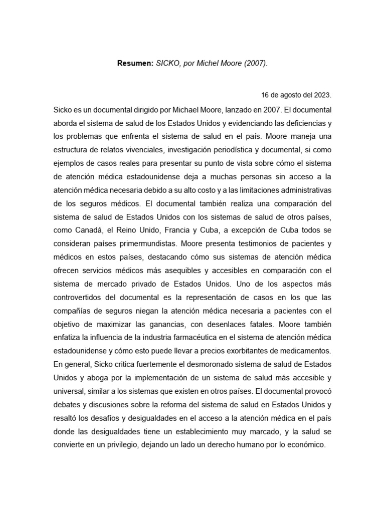 Resumén: SICKO, Por Michel Moore (2007) . | PDF