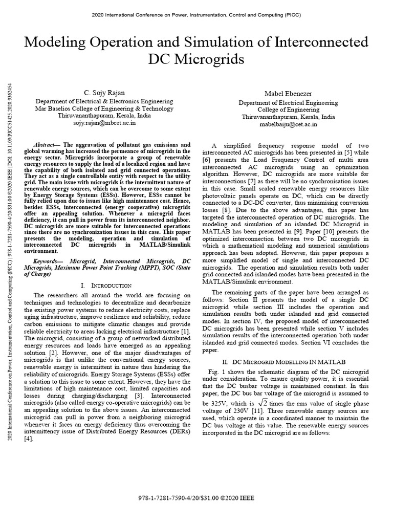 Modeling Operation and Simulation of Interconnected DC Microgrids | PDF