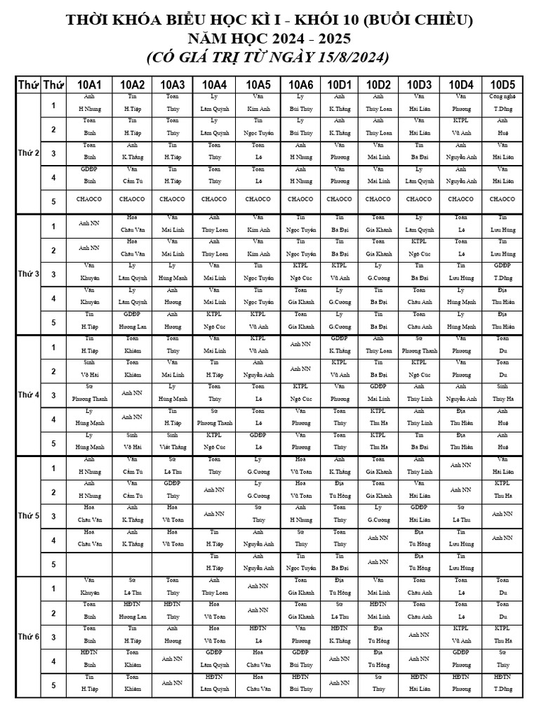 (CÓ GIÁ TRỊ TỪ NGÀY 15/8/2024) : Th Th 10A1 10A2 10A3 10A4 10A5 10A6 10D1 10D2 10D3 10D4 10D5 | PDF