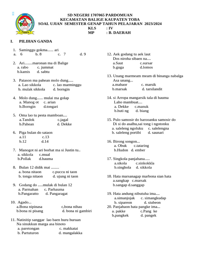 Naskah Soal B. Daerah Kls 4 | PDF