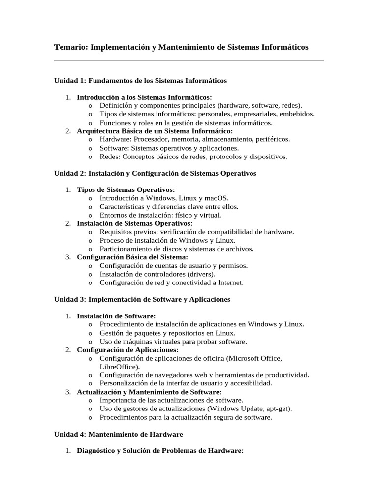 Temario Implementacion Y Mantenimiento De Sistemas Informaticos Pdf