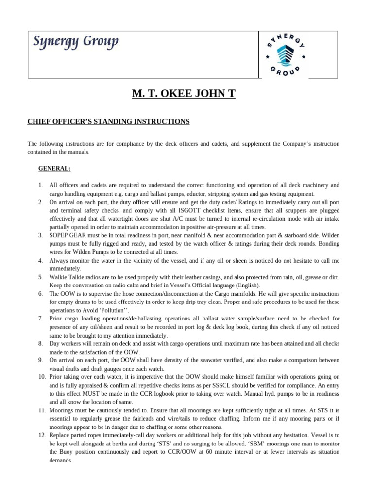 Chief Officer Standing Orders - JANUARY 2022 | PDF | Valve | Pump