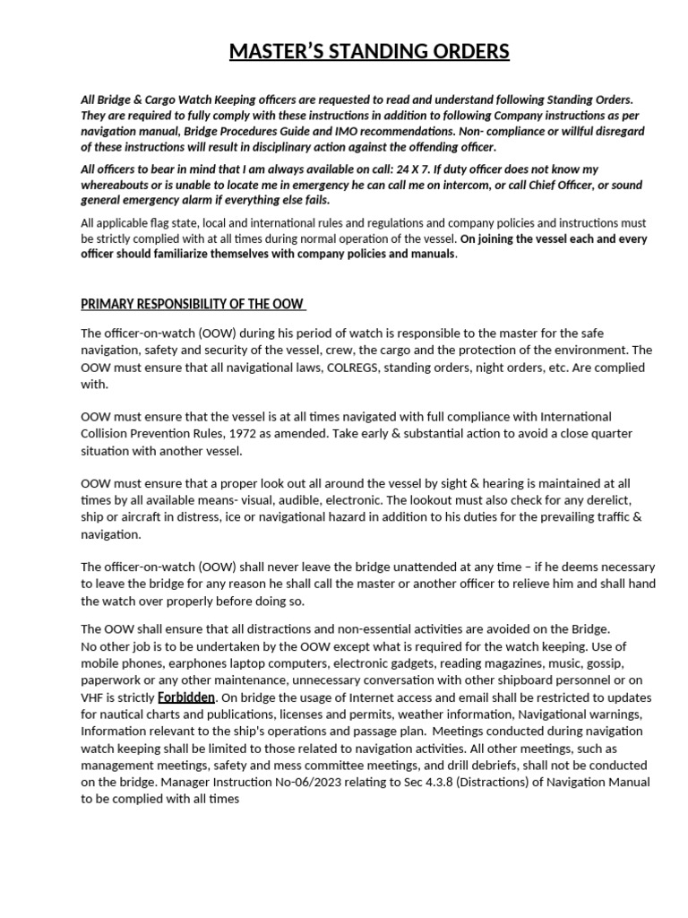 Masters Standing Orders FINAL 21.07.23 | PDF | Navigation | Shipping