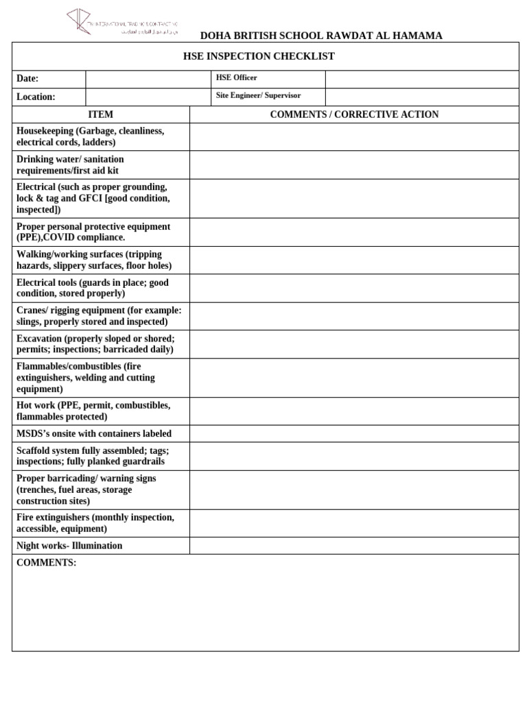 Daily HSE Inspection Checklsit - BNITC | PDF | Safety | Occupational ...