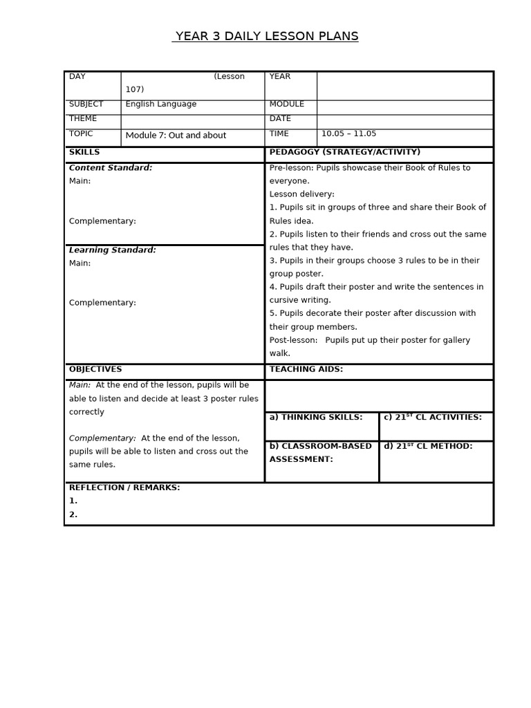 Year 3 Daily Lesson Plans: Module 7: Out and About | PDF