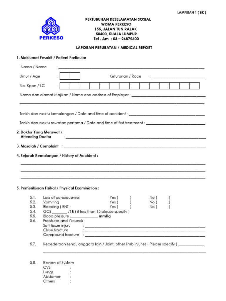 LP - HUS-HUK - Laporan Perubatan Perkeso | PDF