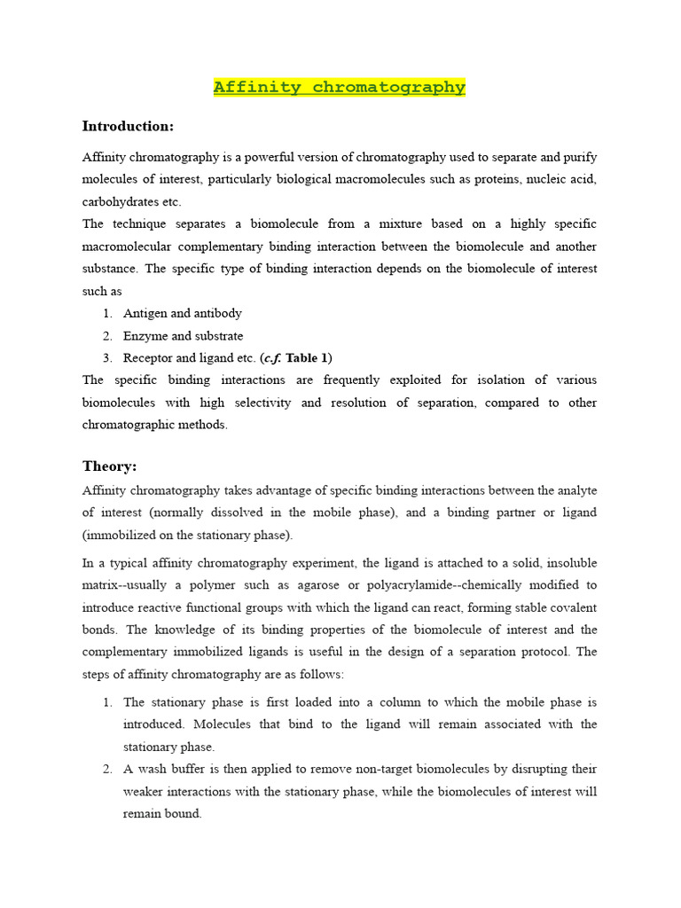 Affinity Chromatography | PDF | Chromatography | Biochemistry