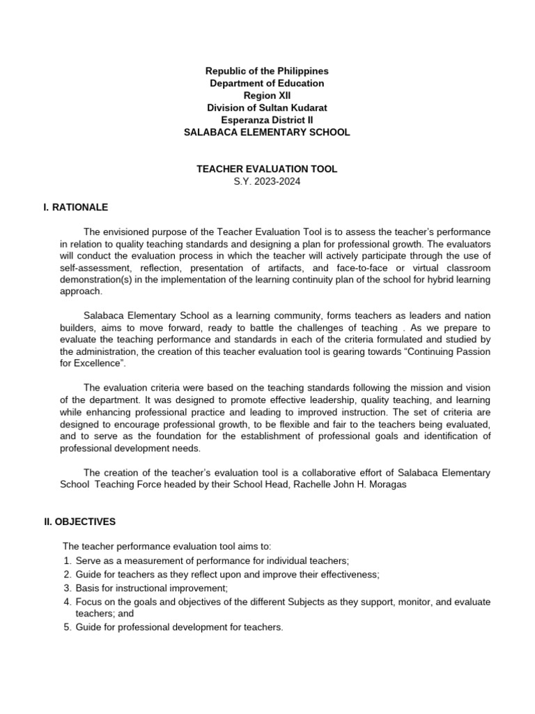Revised Teacher Evaluation Tool Edited | PDF