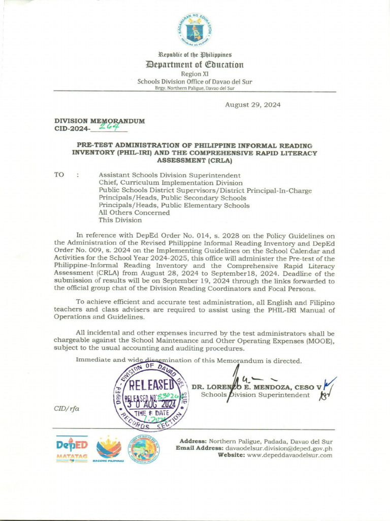 DM Cid 2024 264 Pre Test Administration of Phil Iri Comprehensive Rapid ...