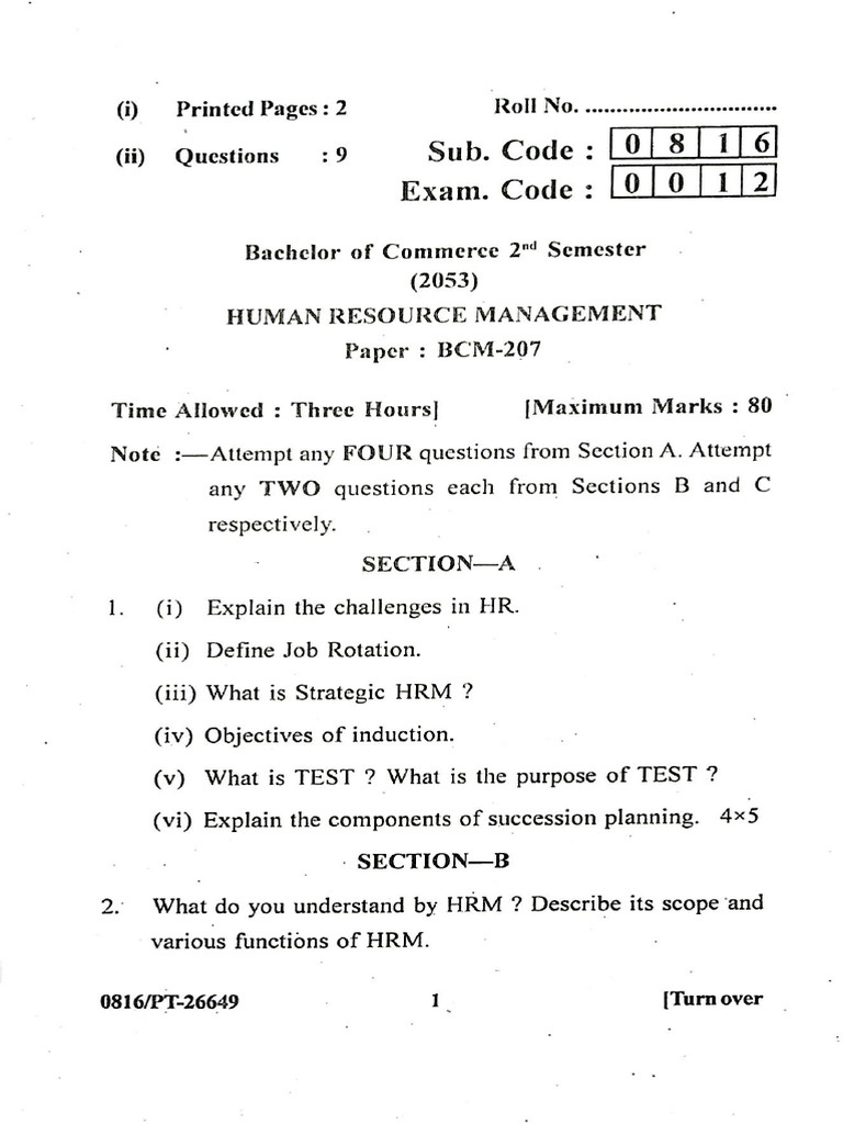 BCom - 2nd Sem - BCM - 207 - Human Resource Management - May 2023 | PDF