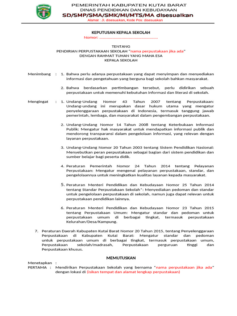 SK - Surat Keputusan Pendirian Perpustakaan Sekolah | PDF